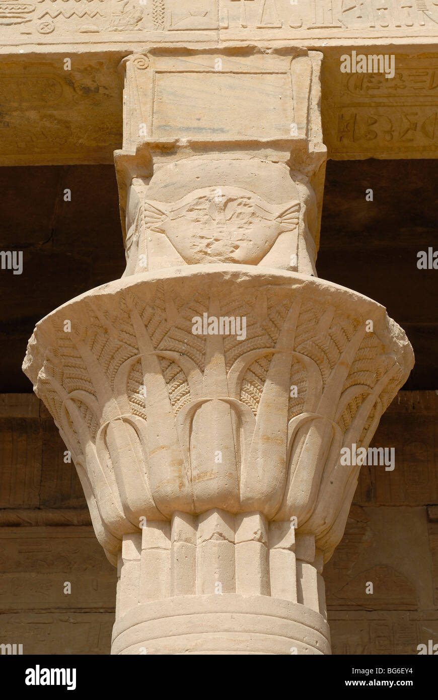 Closeup on the pillar heads of the Eastern of the temple of Philae ...