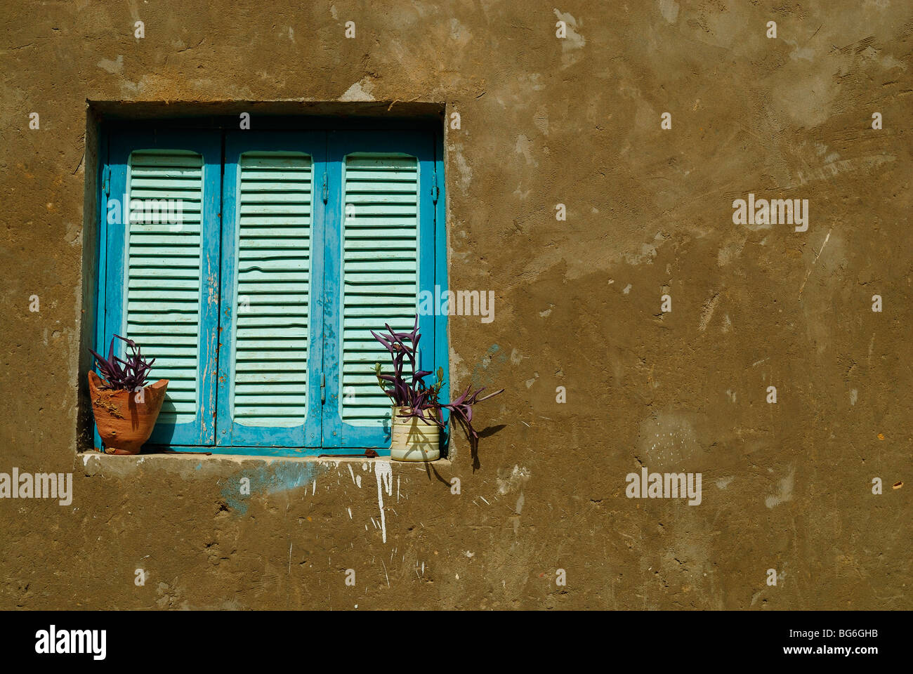 Shutters painted in blue and closed to keep out the sun Stock Photo - Alamy