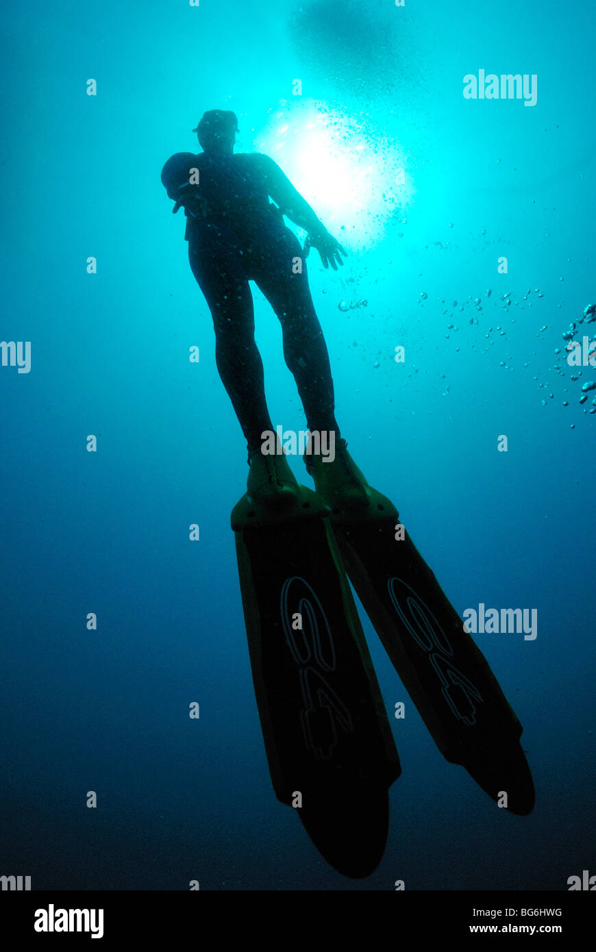 Free diver going up in the Mediterranean Sea, off Monaco Stock Photo ...
