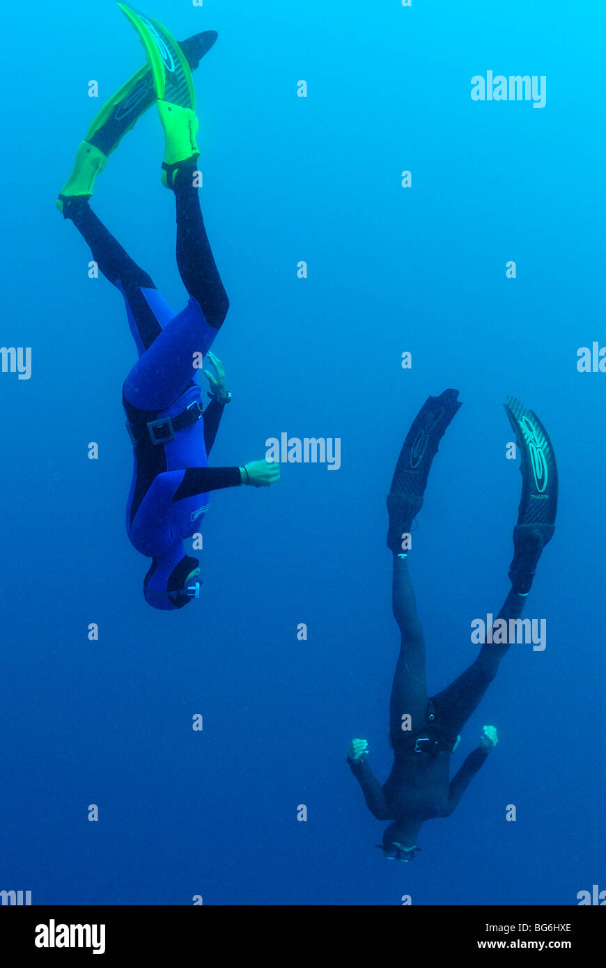 Two free divers going down in the Mediterranean Sea, off Monaco Stock ...