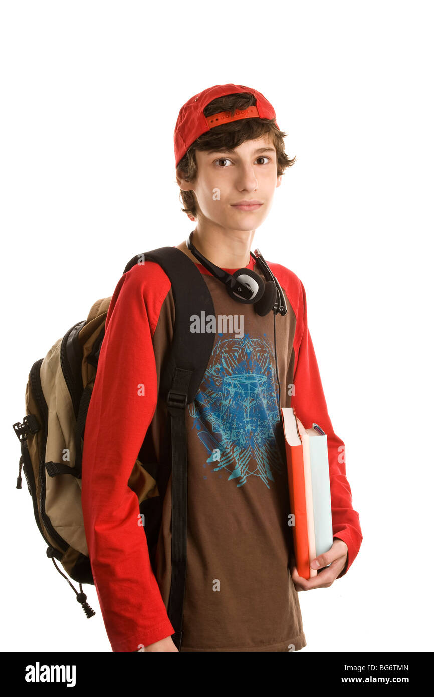 Casual teenage boy preparing to school standing isolated on white ...