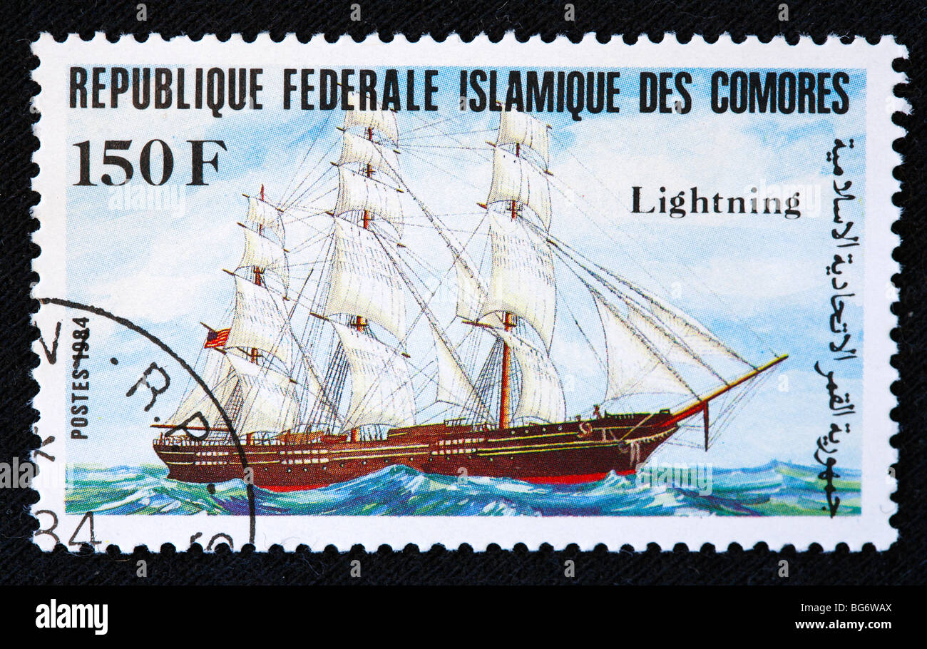 Sail ship Lightning, postage stamp, Comoros, 1984 Stock Photo - Alamy