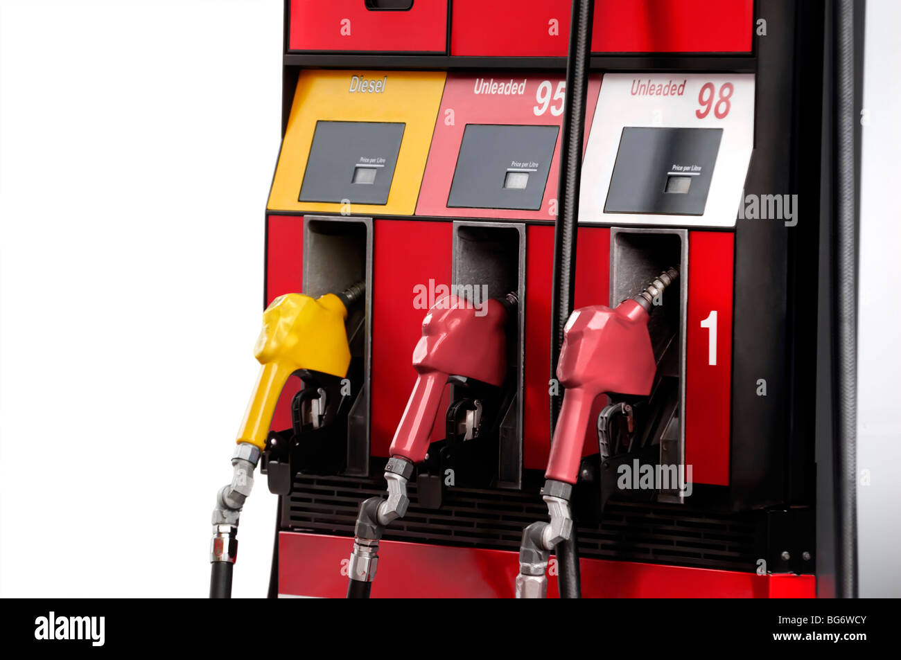 Gas pump with unleaded 95 and 98 petrol and diesel fuel isolated on ...