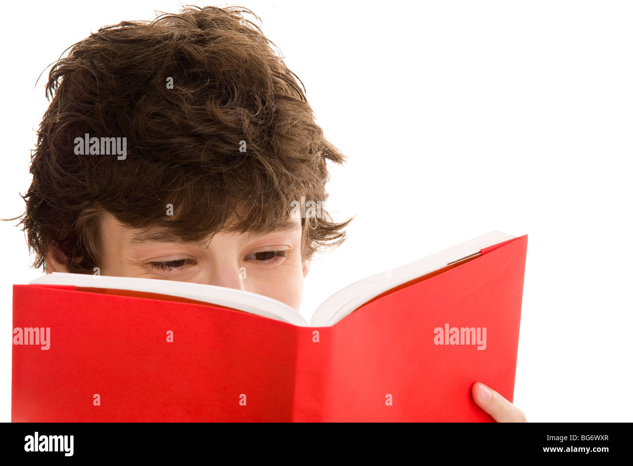 Teenage boy reading book isolated on white background Stock Photo - Alamy