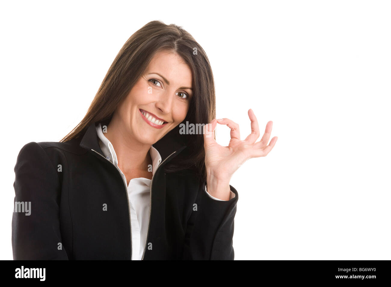 Woman indicating okay sign isolated on white background Stock Photo - Alamy