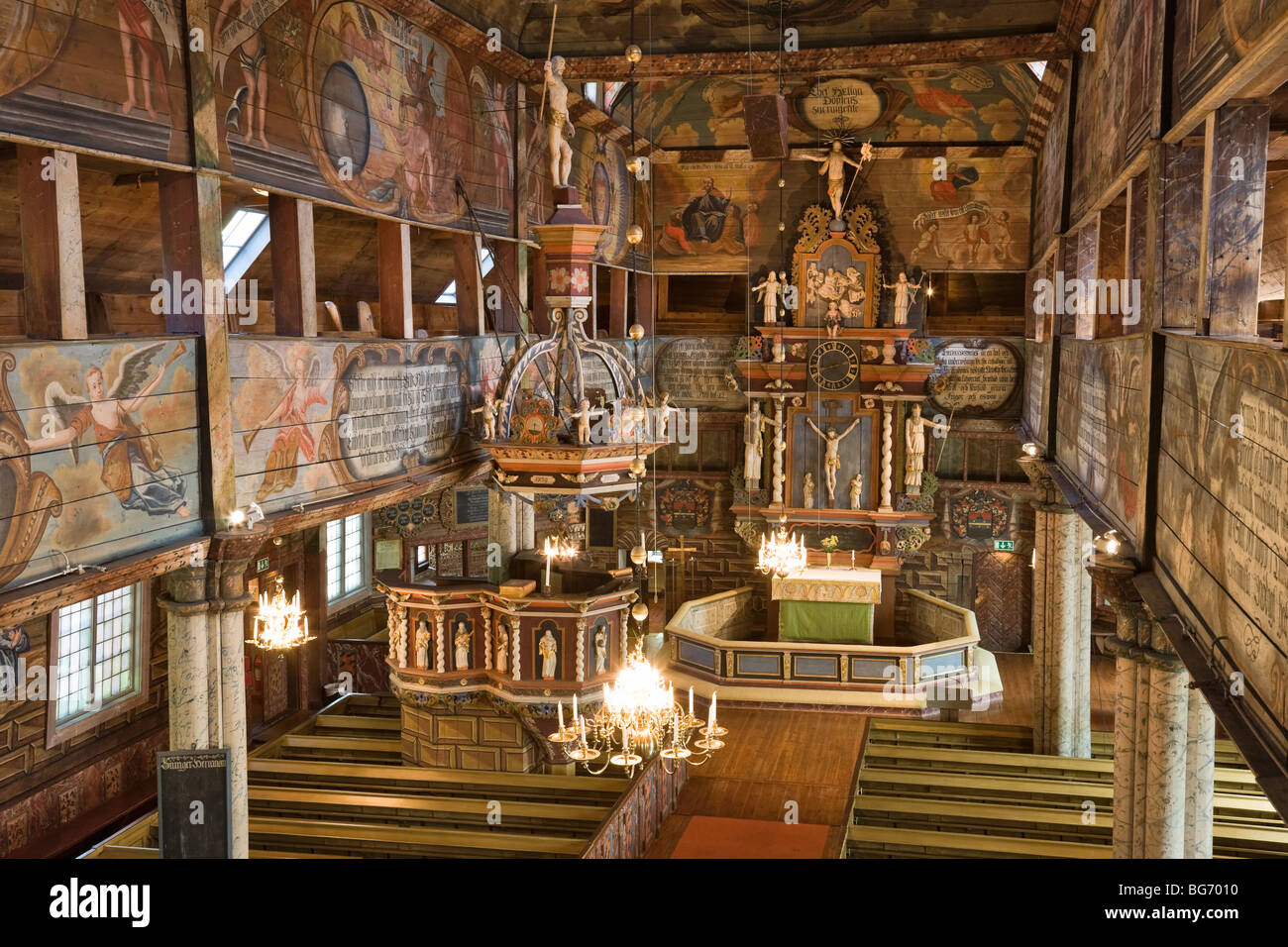 Interior of an old wooden church, Habo in Sweden. The church is a ...