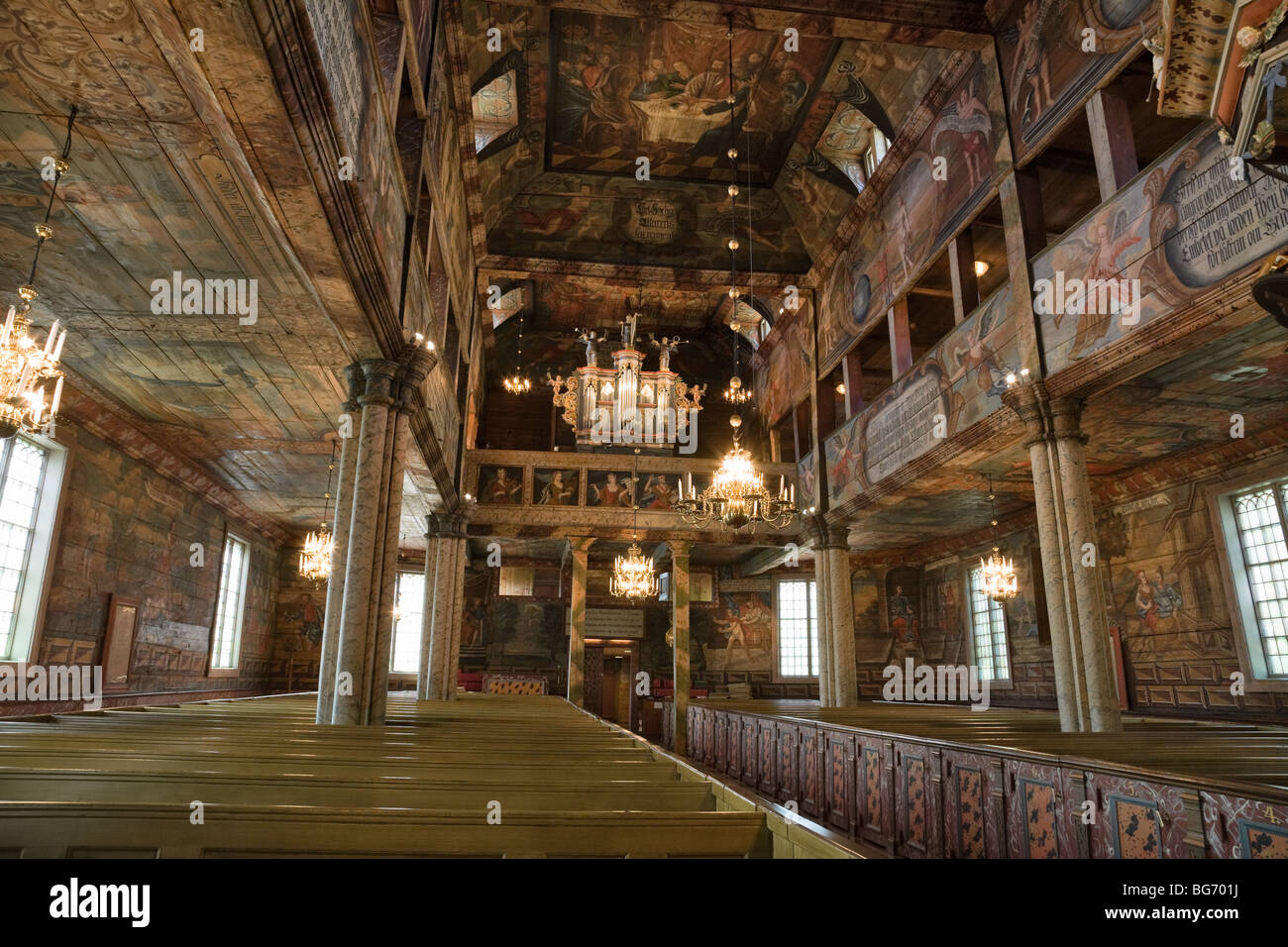 Interior of an old wooden church, Habo in Sweden. The church is a ...