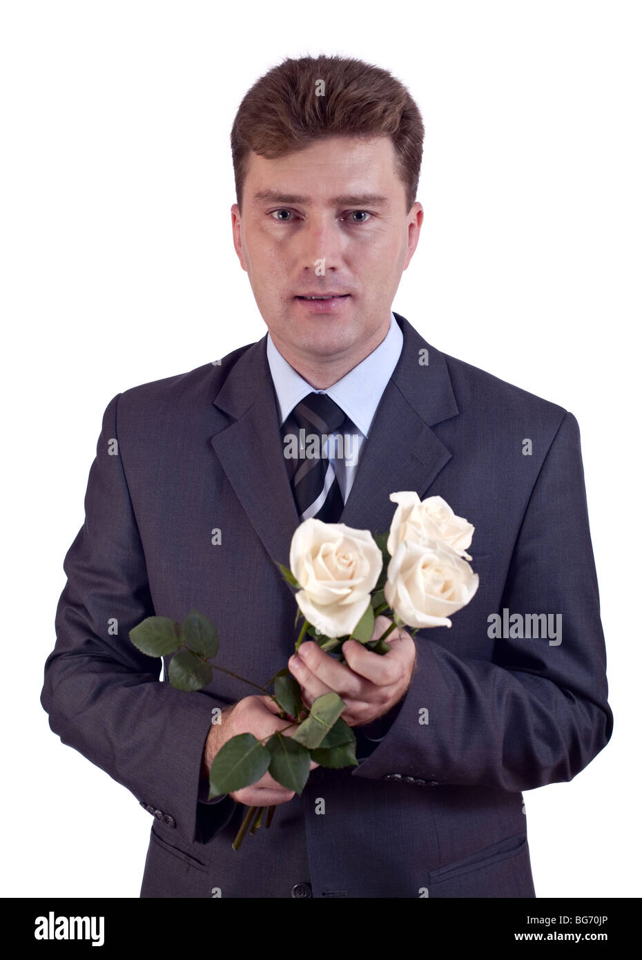 Man with white roses isolated over white Stock Photo - Alamy