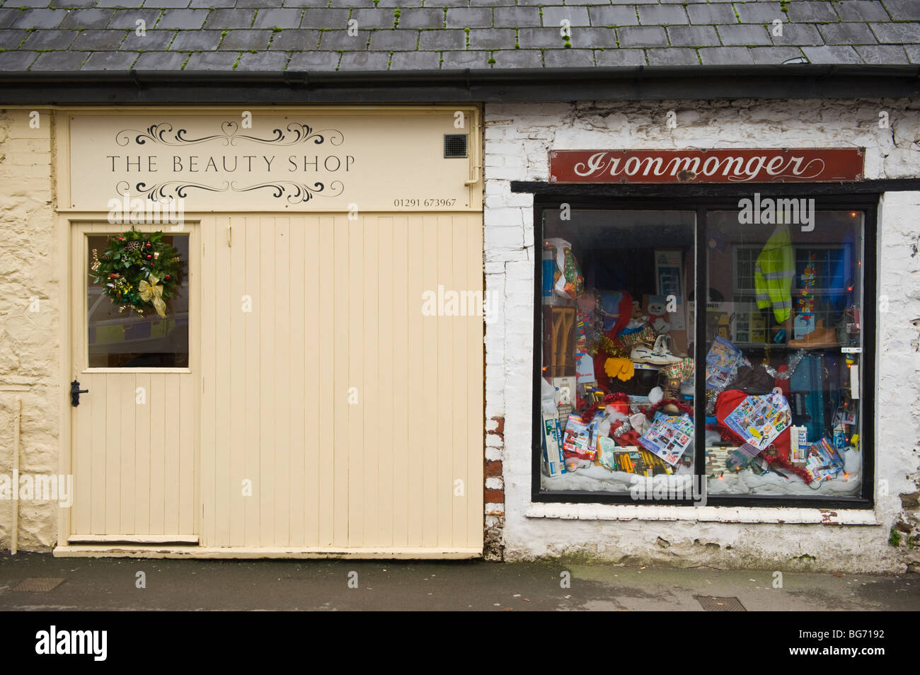Beauty shop next to traditional ironmonger in Usk Monmouthshire South ...