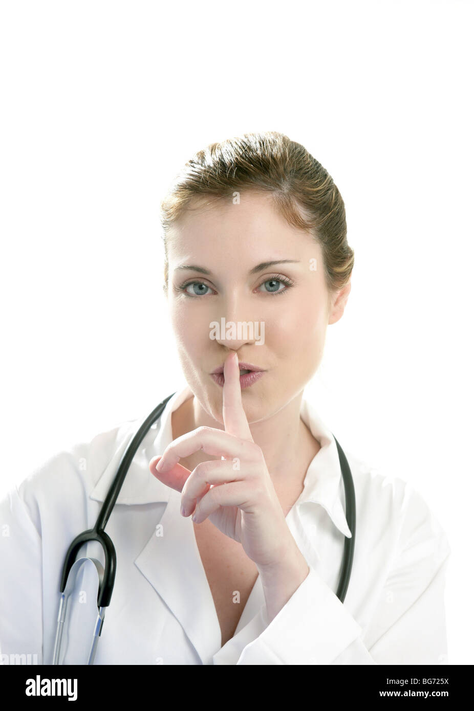 Doctor woman asking for silence isolated on white studio background ...