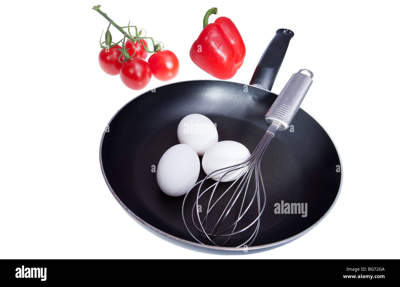 ingredients, utensils and frying pan to cook an omelet, on white ...
