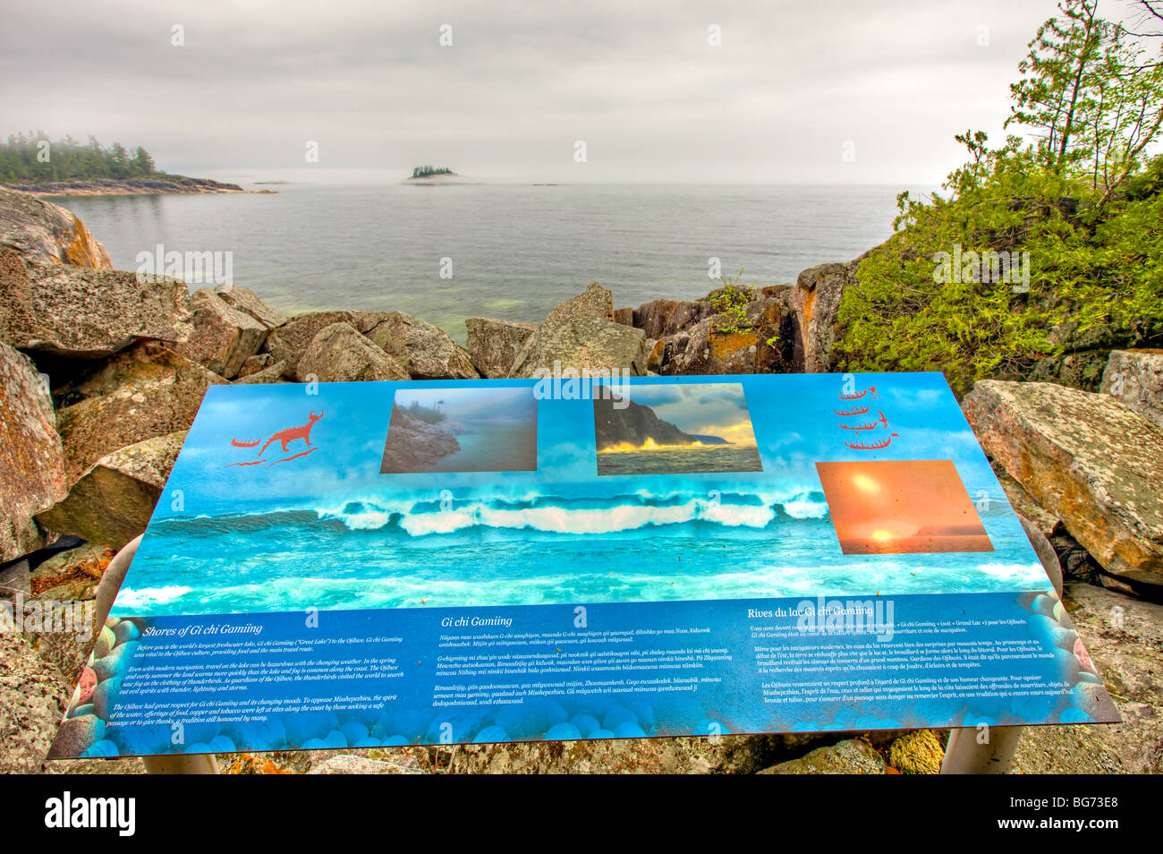 Sign along the Agawa Rock Pictographs trail at Agawa Rock overlooking ...
