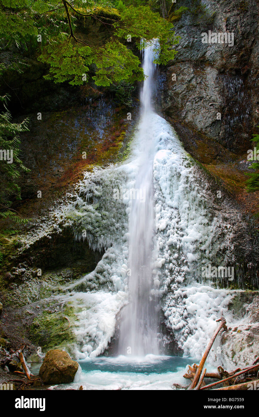 Marymere Falls, in Washington's Olympic National Park, covered in snow ...