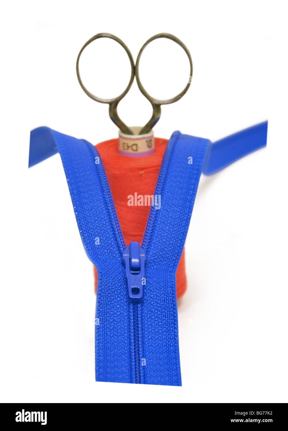 A cutout of a blue zip with red thread and scissors Stock Photo - Alamy