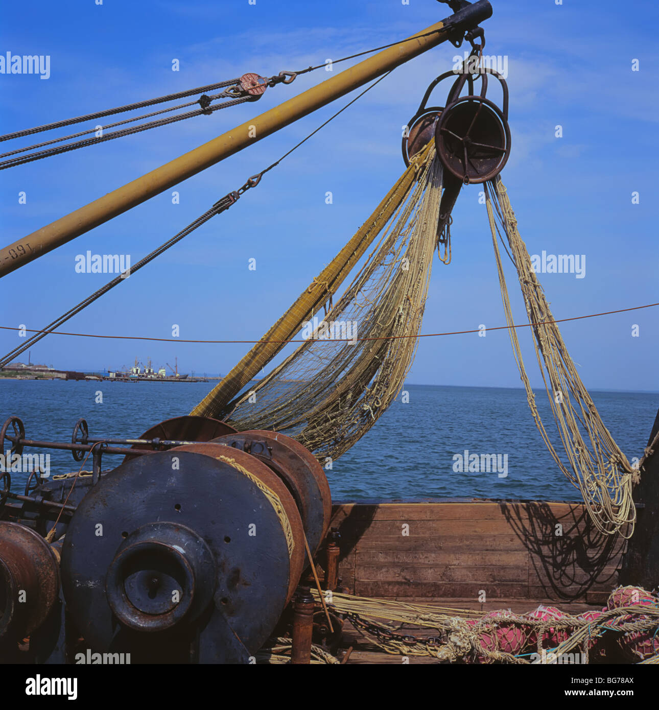 Fishing nets on a trawler before before the marine fishing Stock Photo ...