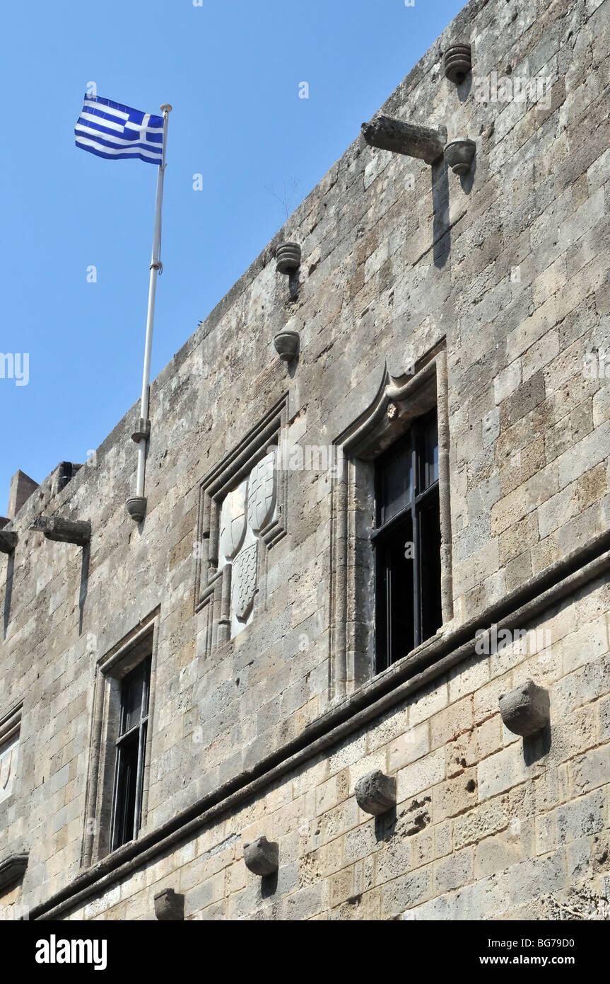 Greek Flag on Medieval building, Old Town, Rhodes, Greece Stock Photo ...