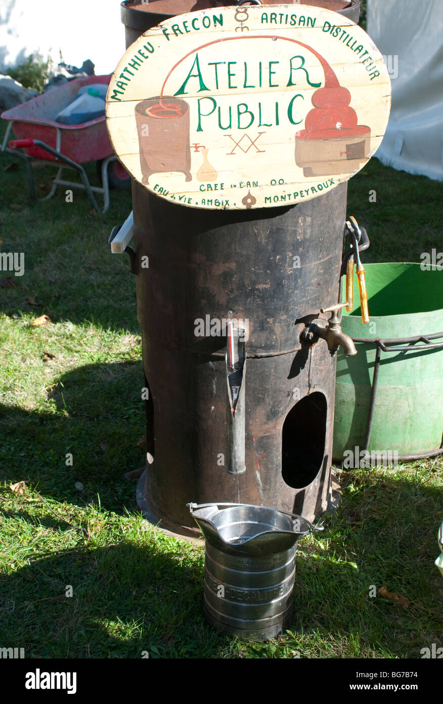 Traditional distillation of alcohol, Market in Montoulieu, Herault ...