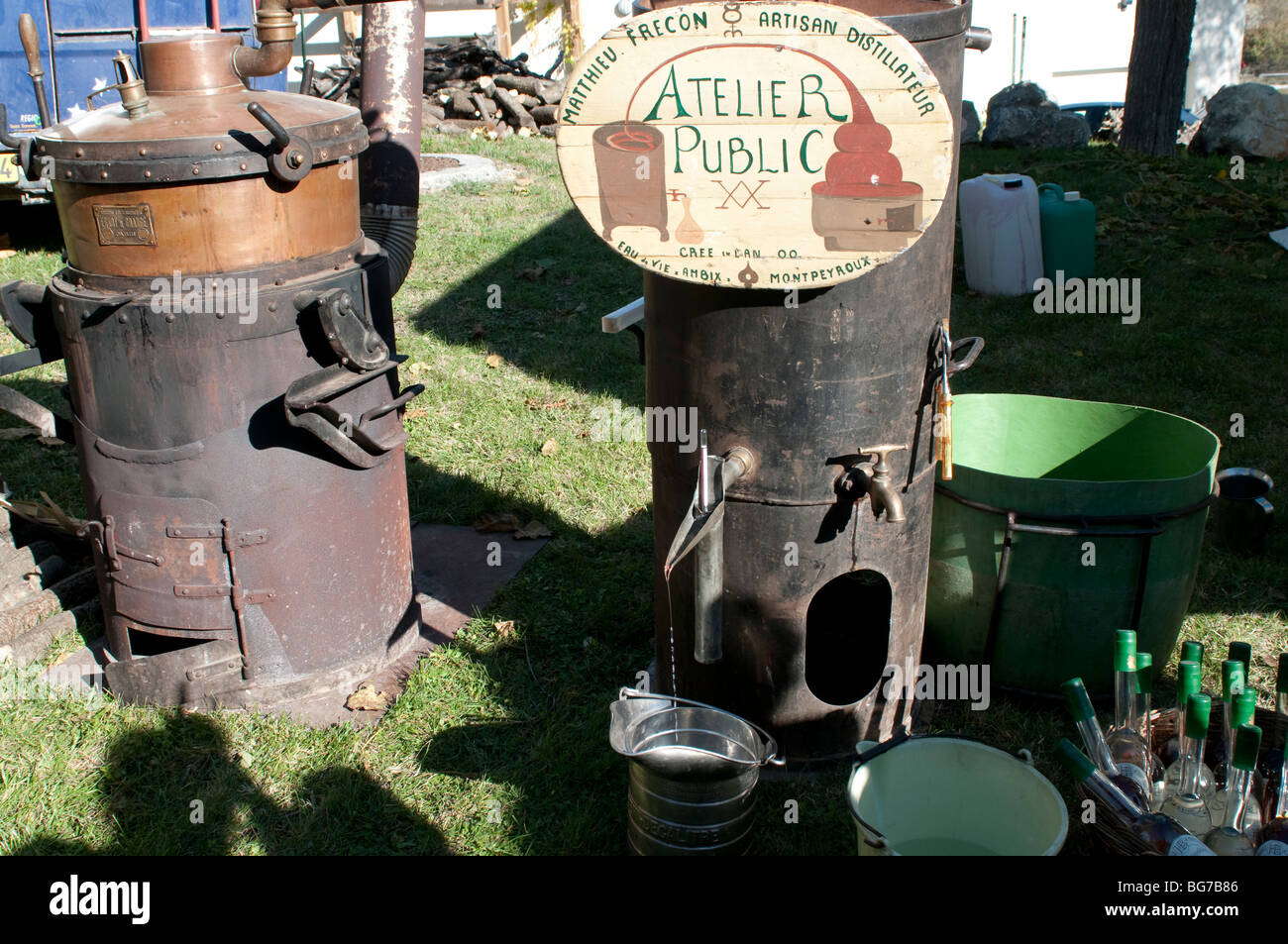 Traditional distillation of alcohol, Market in Montoulieu, Herault ...