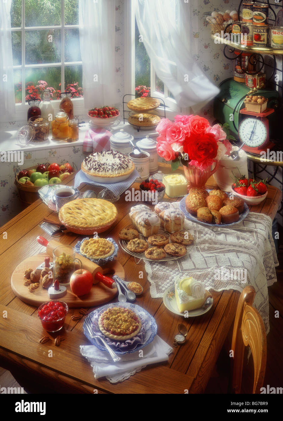 Baked desserts in country kitchen setting Stock Photo - Alamy