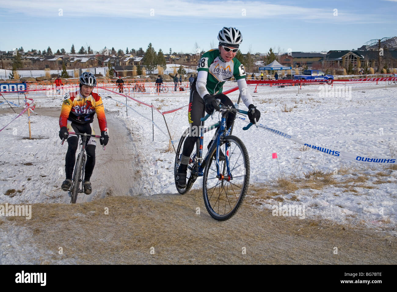 Cross racers on bicycles take part in the USA Cyclocross National ...