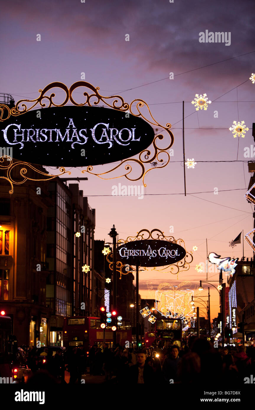 Christmas signs at twilight on Oxford Street, London, England, UK Stock ...