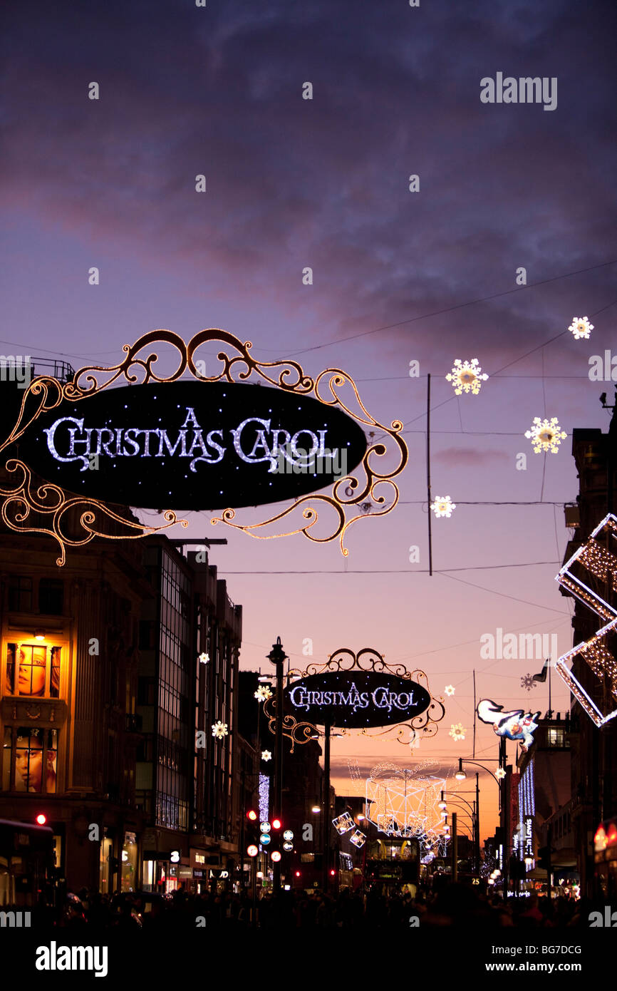 Christmas signs at twilight on Oxford Street, London, England, UK Stock ...