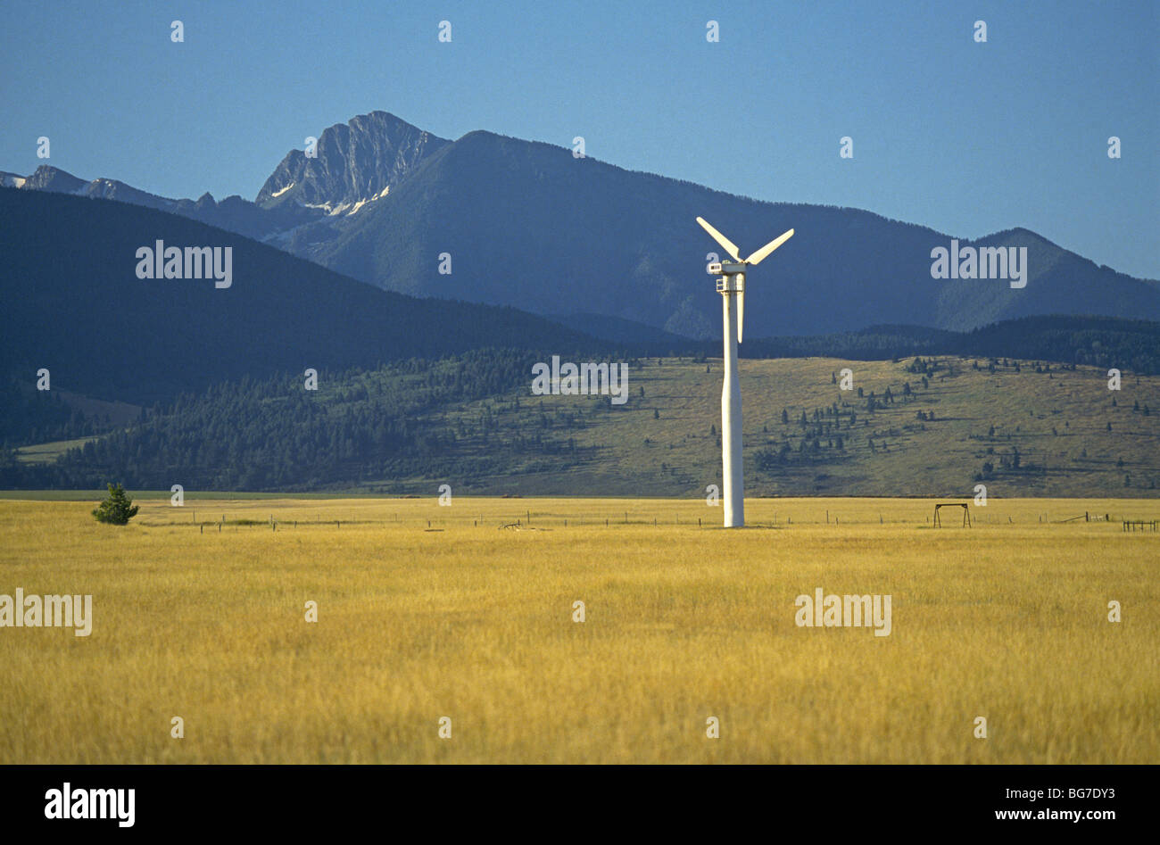 A large private wind turbine generates electricity from the center of a ...