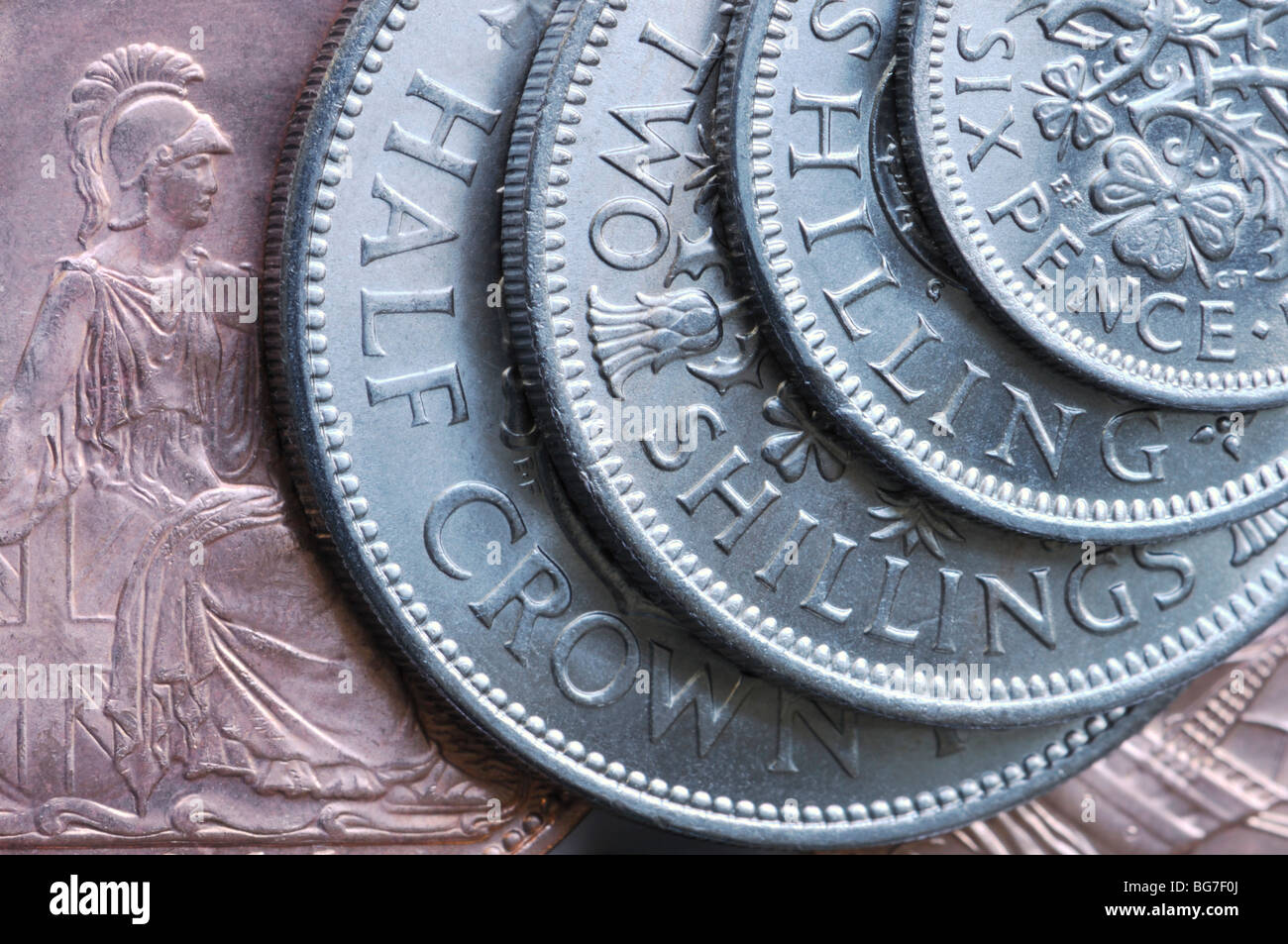 British pre-decimal coins. Penny, half crown, florin, shilling ...