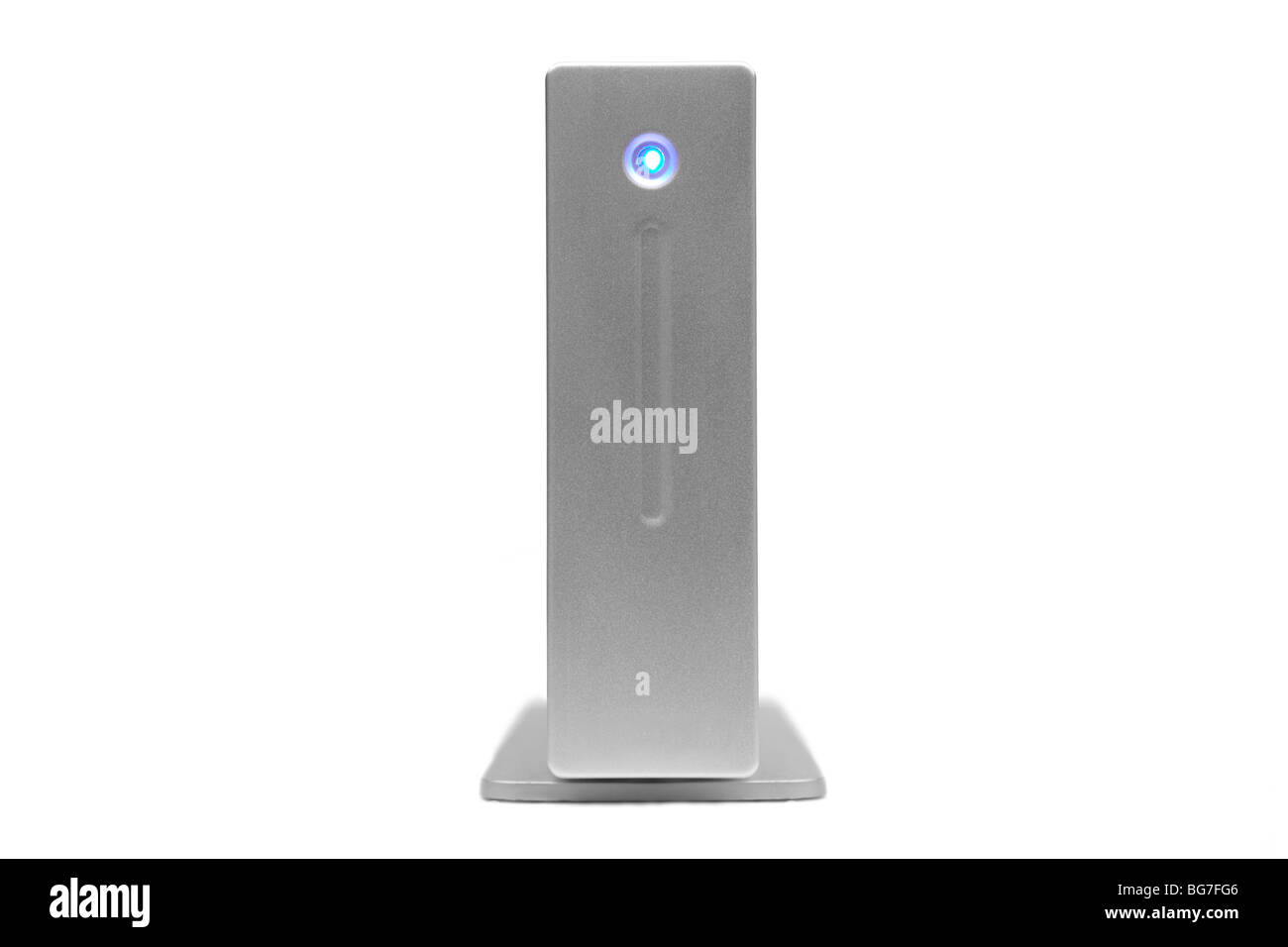 A brushed metal effect external Hard Drive with blue LED isolated on ...