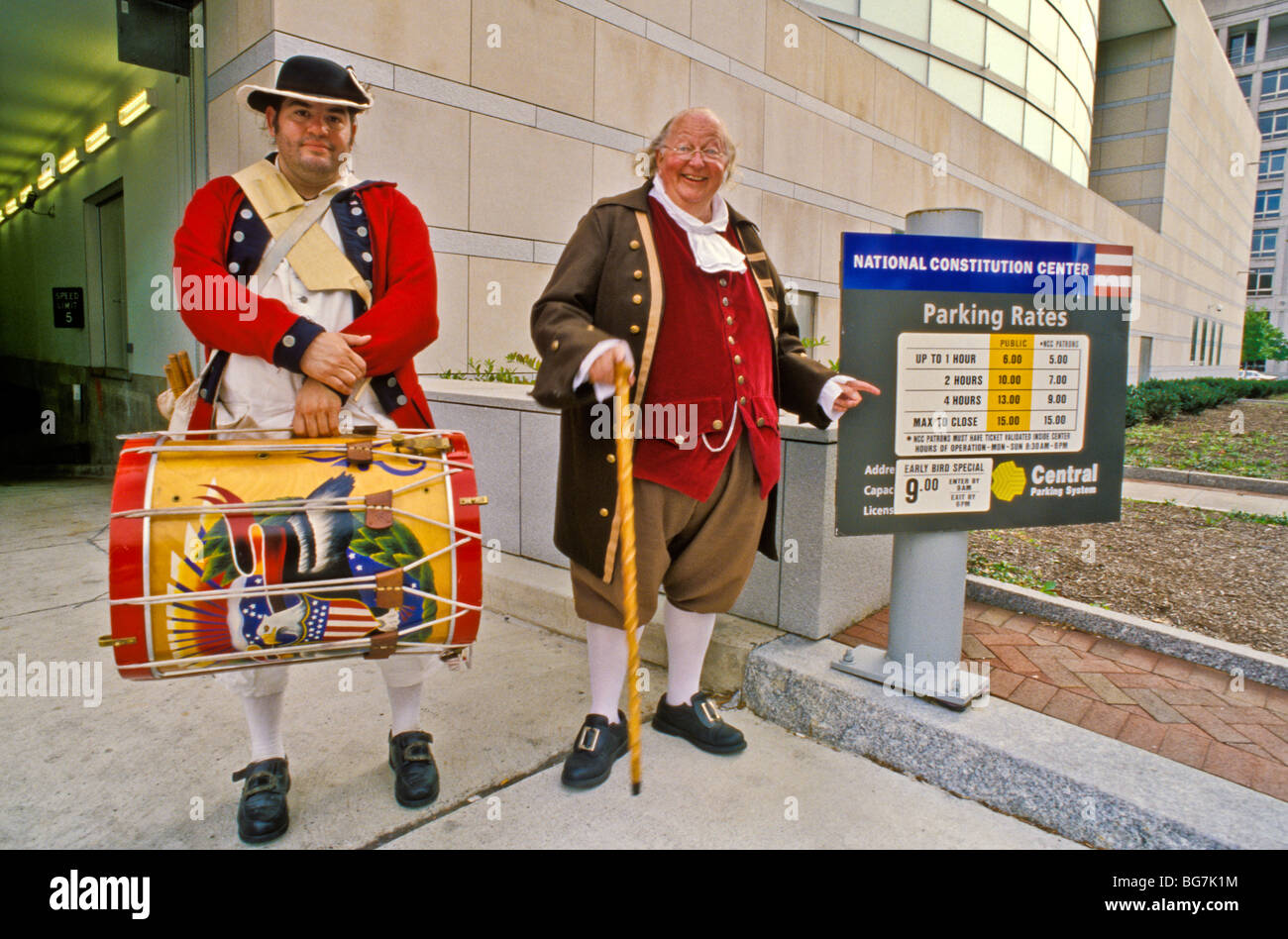 Benjamin Franklin reenactor drummer outside modern parking garage Stock ...