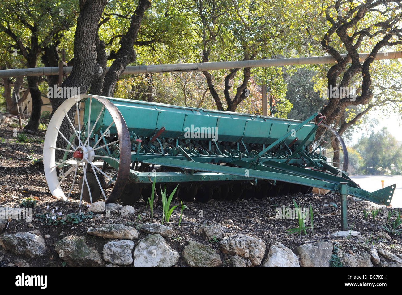 Israel, Lower Galilee, Kibbutz Alonim founded 1938. Display of old ...