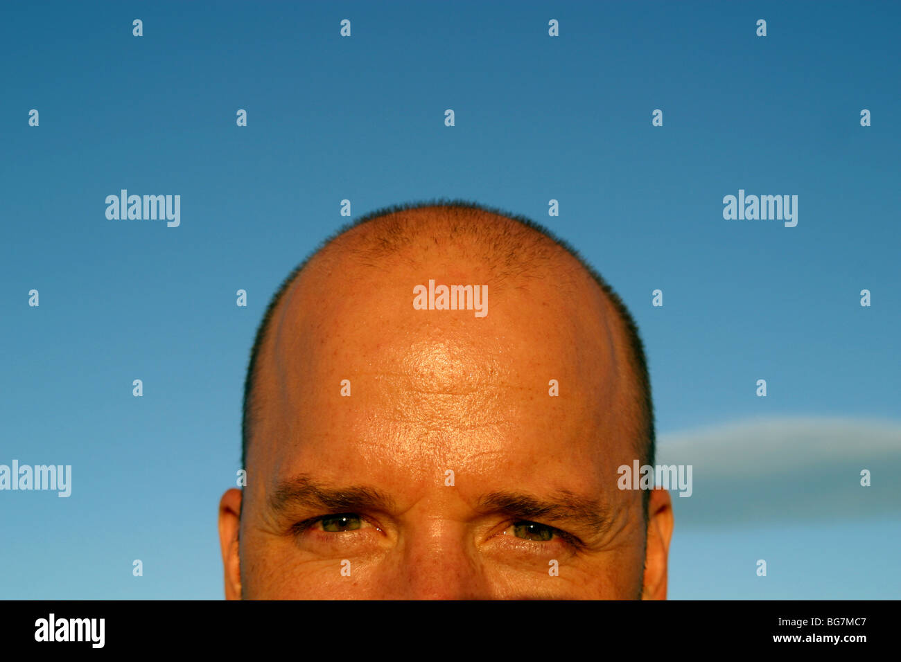 the eyes and forehead of a bald man glowing in the afternoon sun Stock ...