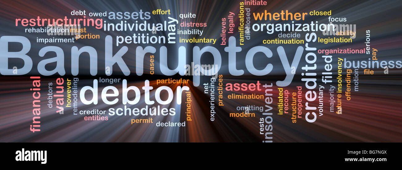 Word cloud concept illustration of financial bankruptcy glowing light ...
