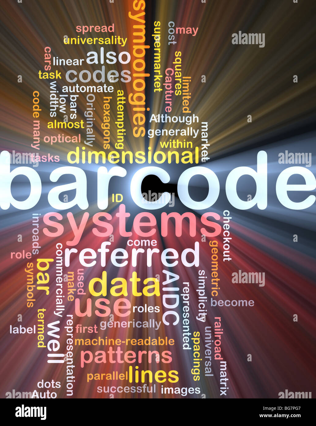 Word cloud concept illustration of barcode bar code glowing light ...