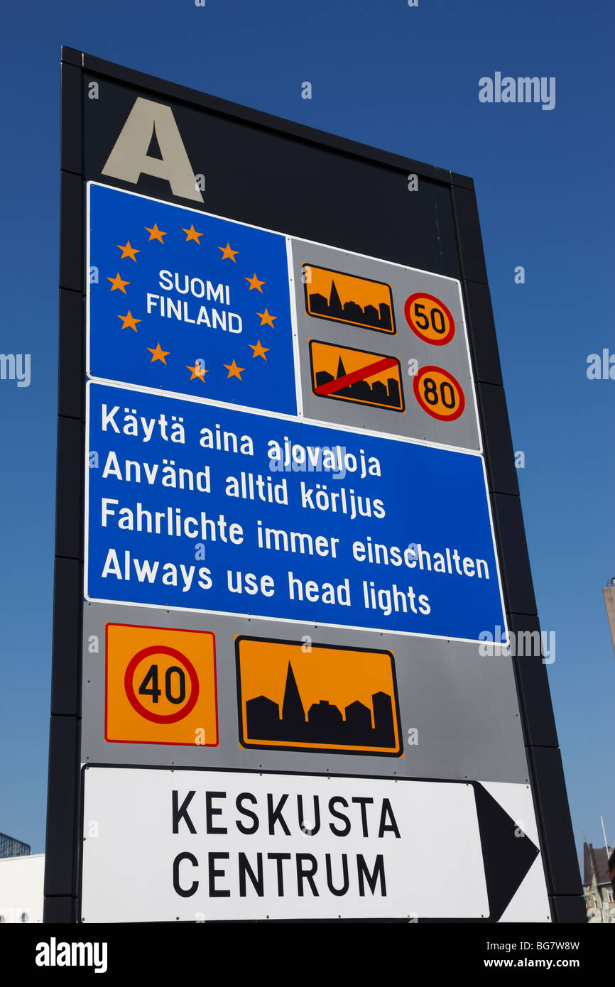 Finland, Helsinki, Helsingfors, Road Sign for Visitors Entering Finland ...