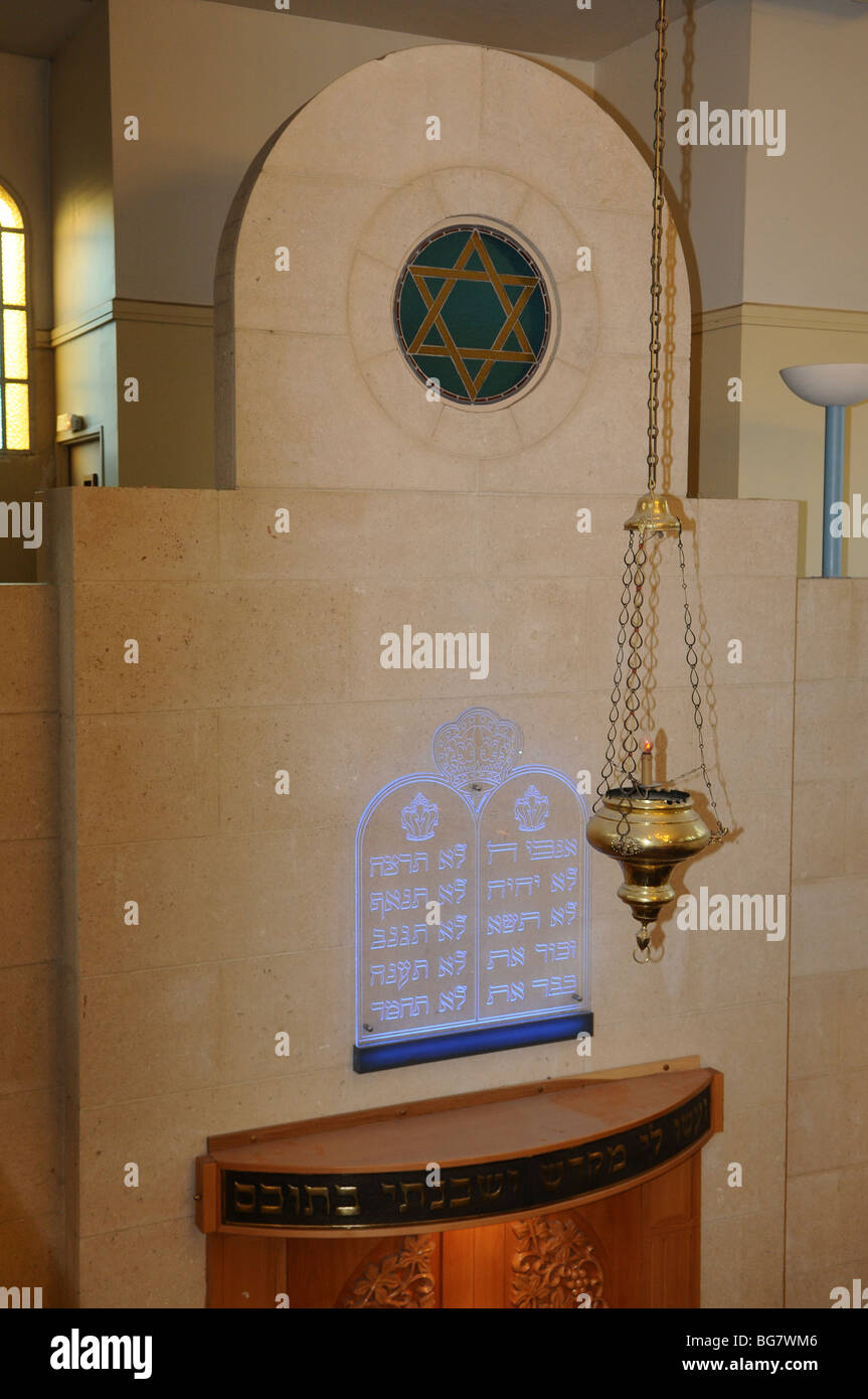 France, Paris, Interior of a synagogue The Ten Commandments on a wall ...