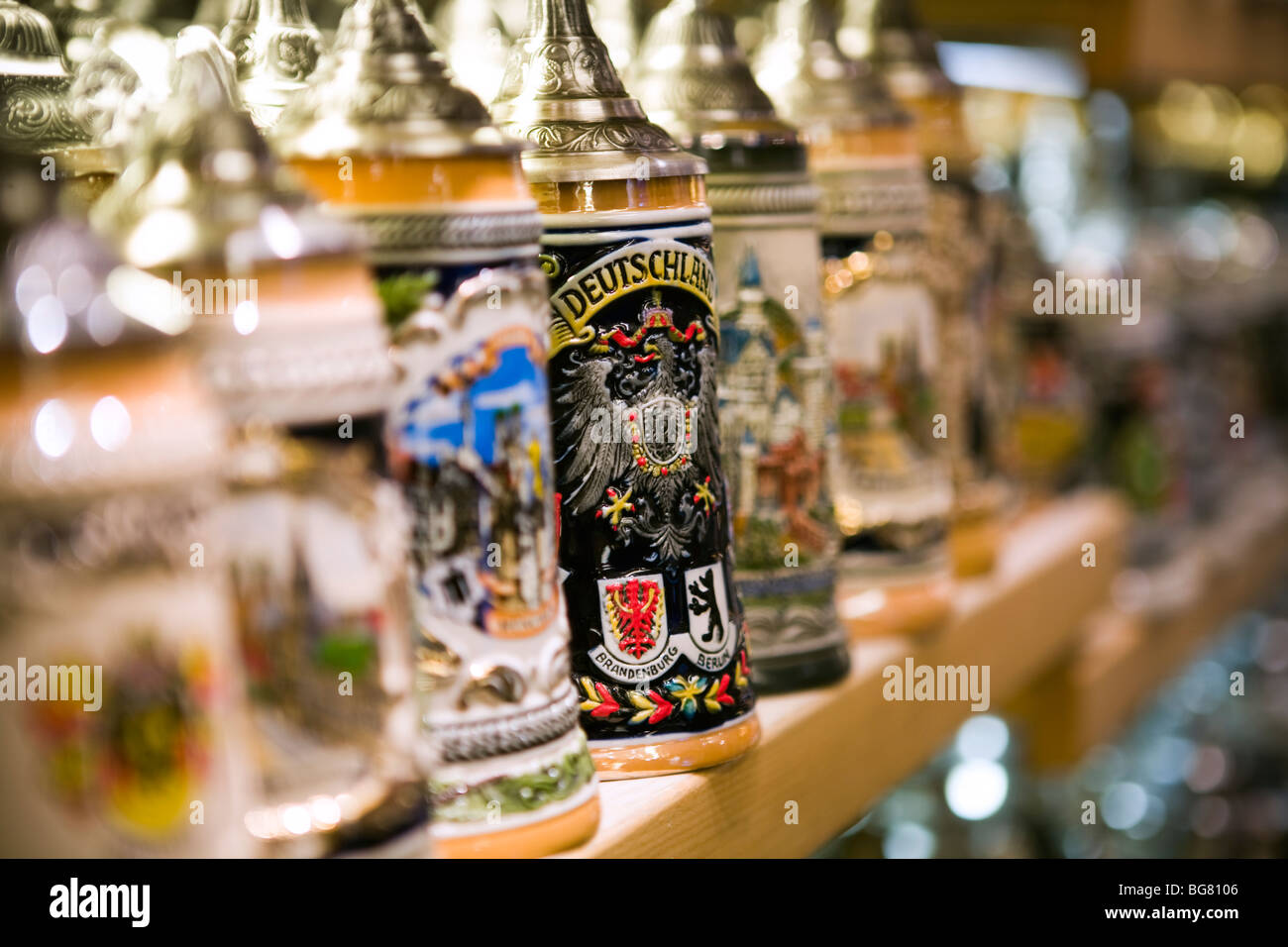 German beer steins on a shelf in Munich, Germany Stock Photo - Alamy