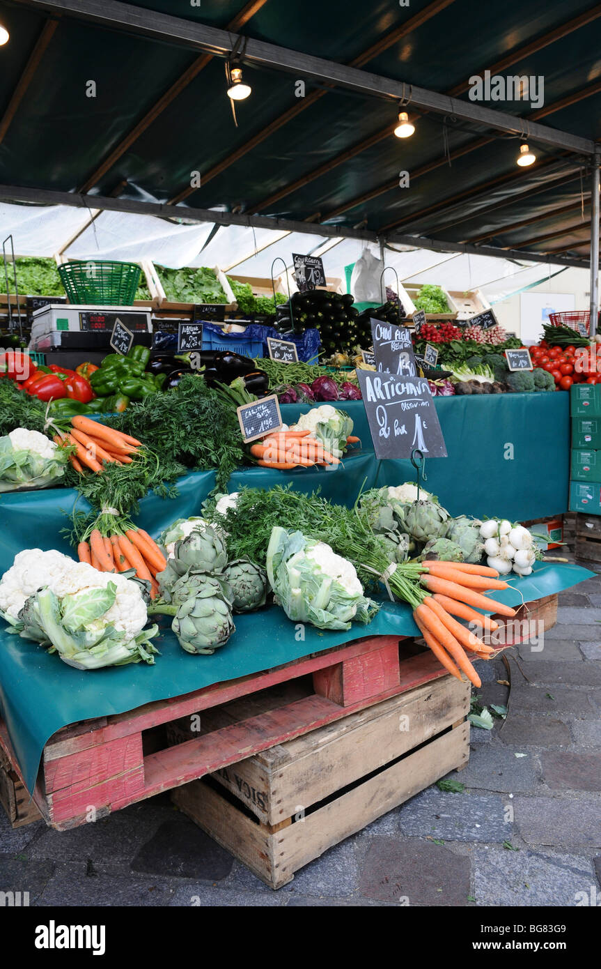 France, Paris, an outdoor, street food market fresh vegetable stall ...