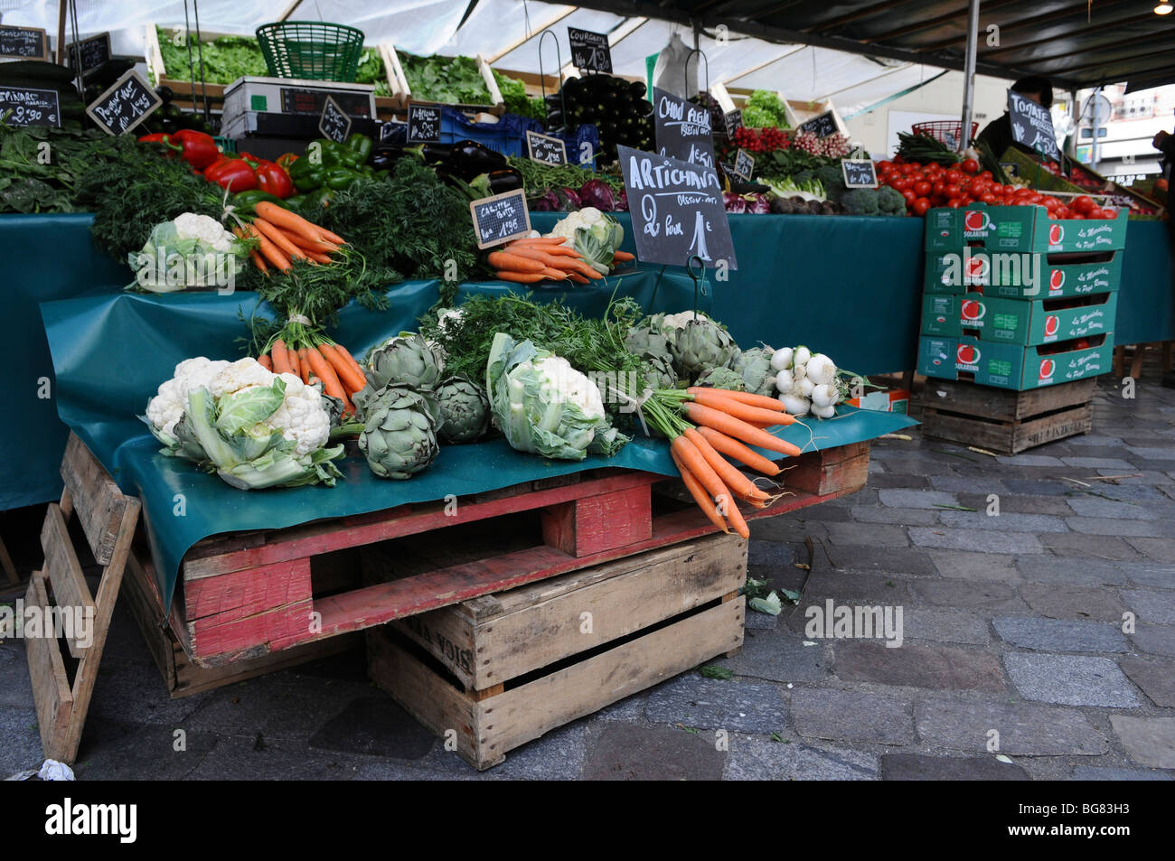 France, Paris, an outdoor, street food market fresh vegetable stall ...