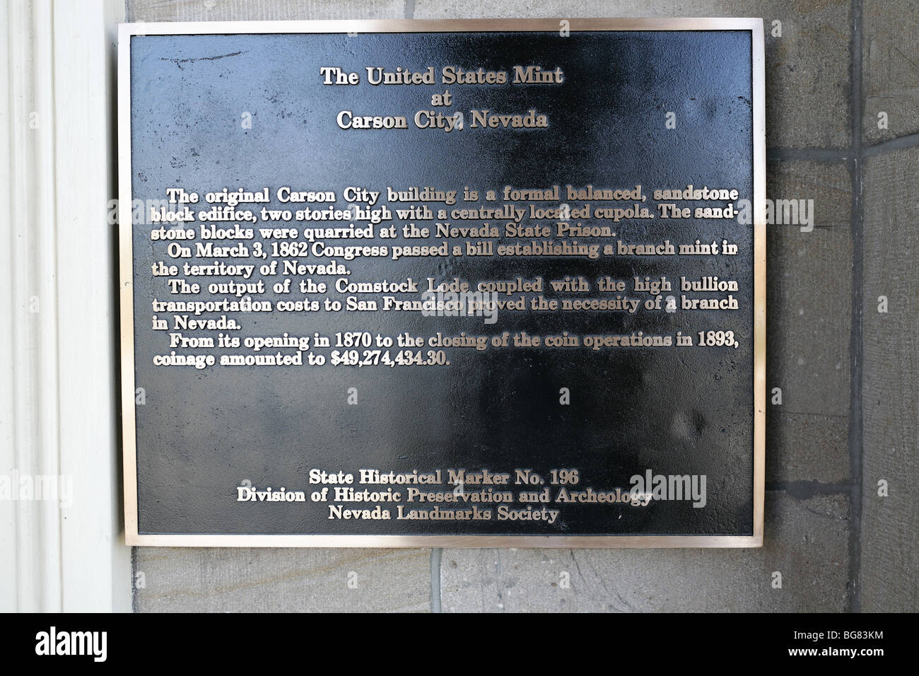 United States Mint at Carson City, Nevada, plaque, outside of the ...