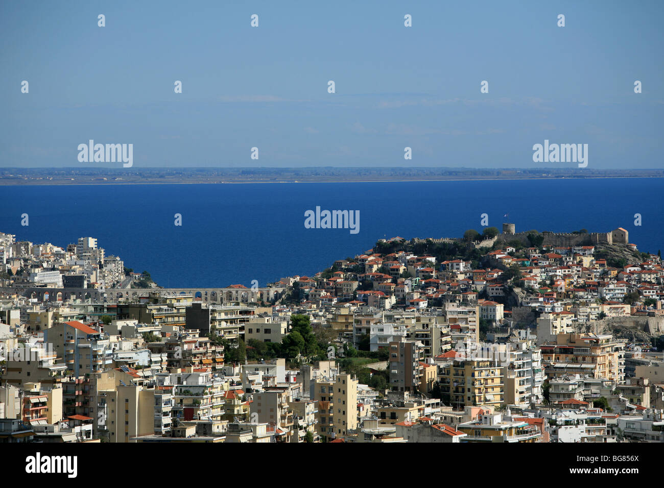 Kavala Greece isthmus with castle and turkish aqueduct built by Mehmet ...