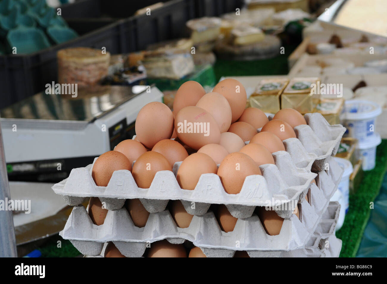 France, Paris, an outdoor, street food market fresh farm eggs for sale ...