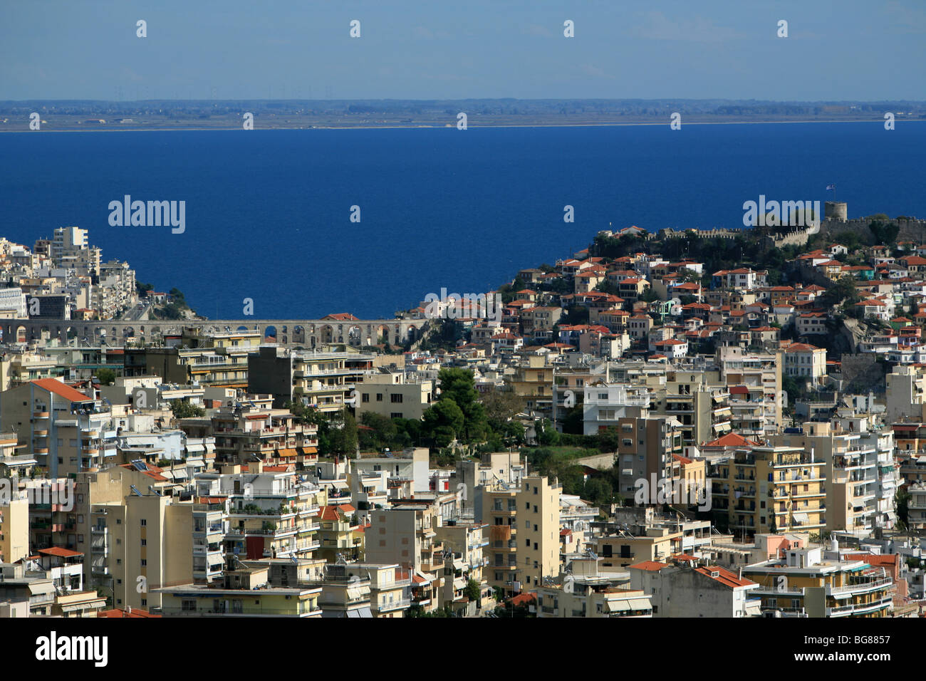 Kavala Greece isthmus with castle and turkish aqueduct built by Mehmet ...