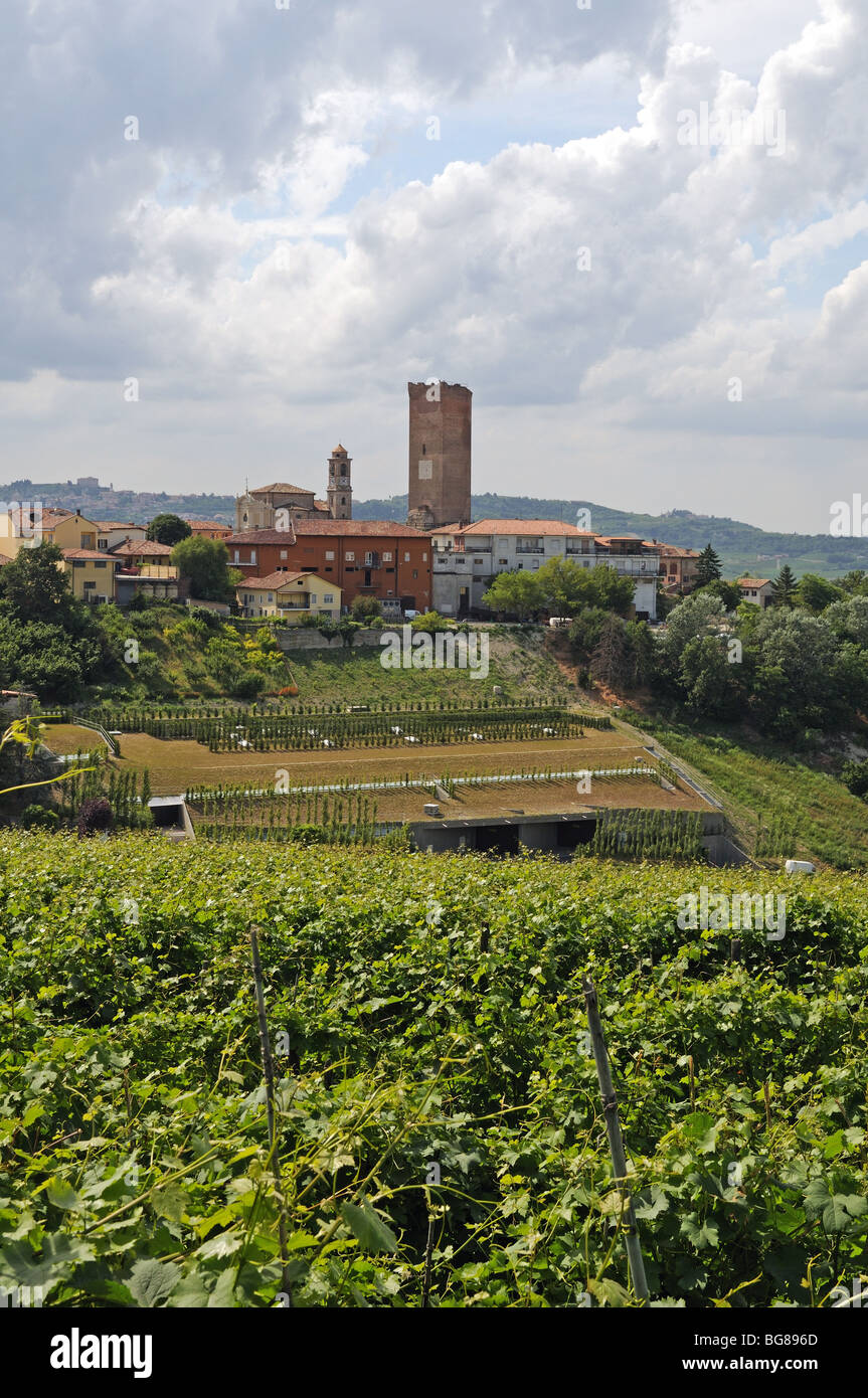 Medieval tower on hill top town Langhe valley Piedmont Italy Piedmonte ...
