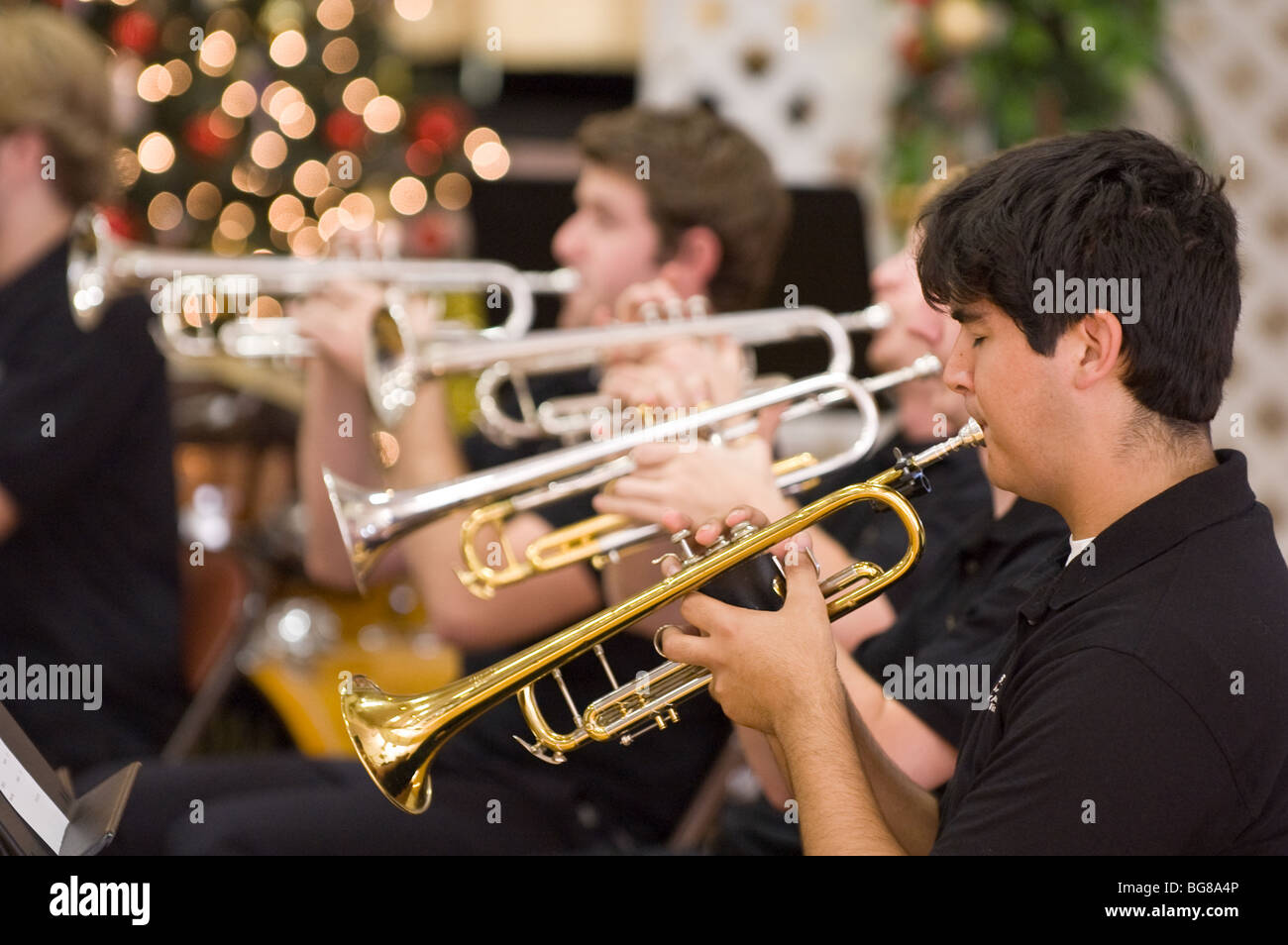 Musicians from the Biola University Orchestra playing the trumpet Stock ...
