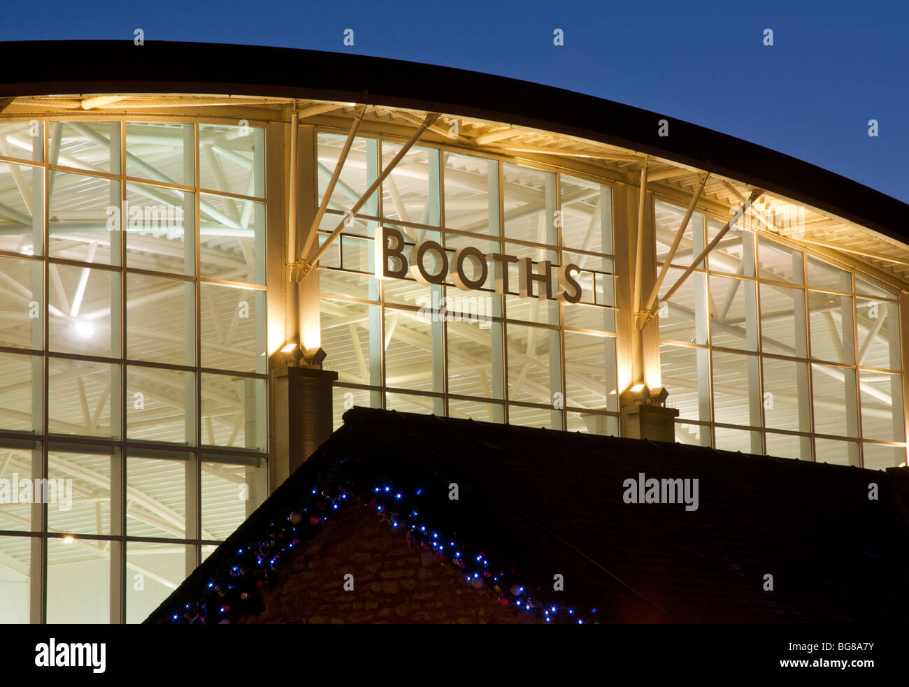 Facade of Booths supermarket at night, Kendal, Cumbria, England UK ...
