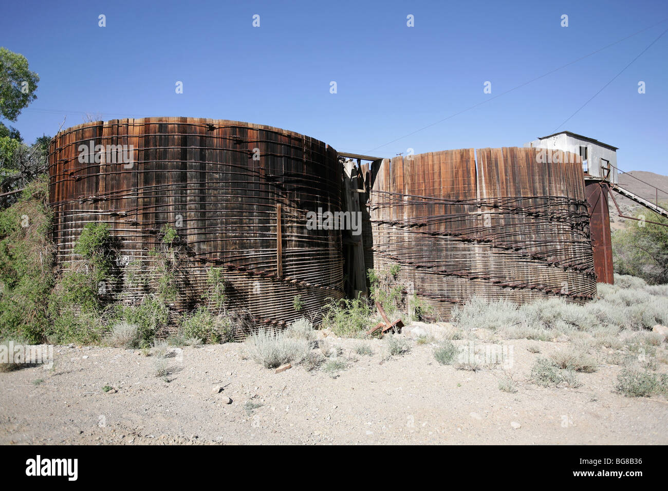 Old wooden water tanks, in mining area, near Virginia City, Nevada ...