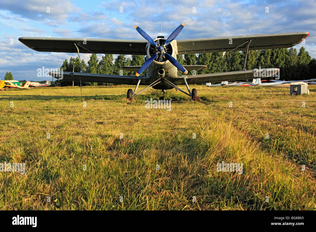 Light aircraft planes parked at a grass airfield, Russia Stock Photo ...