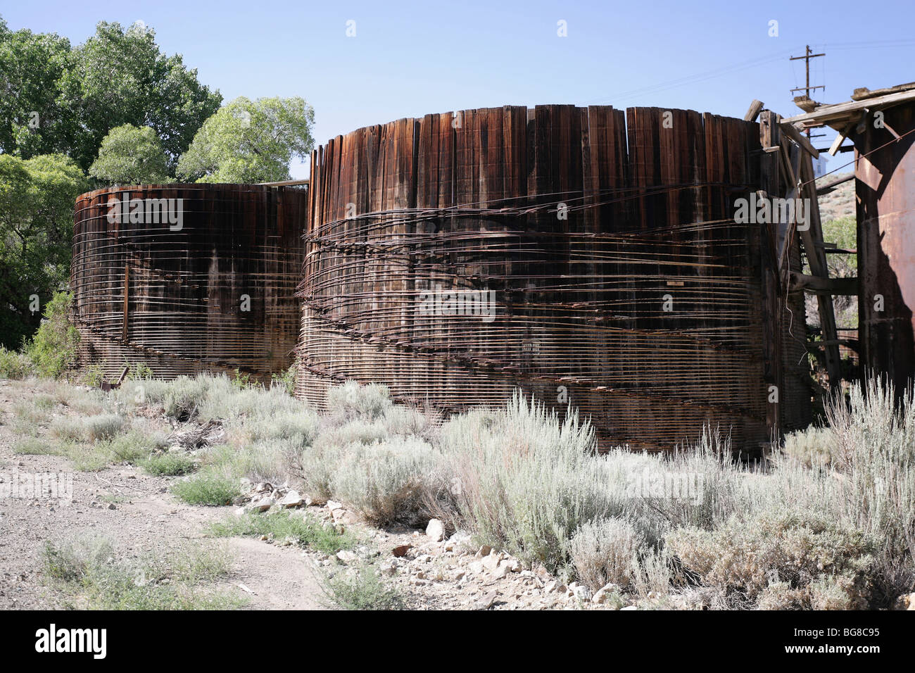 Old wooden water tanks, in mining area, near Virginia City, Nevada ...