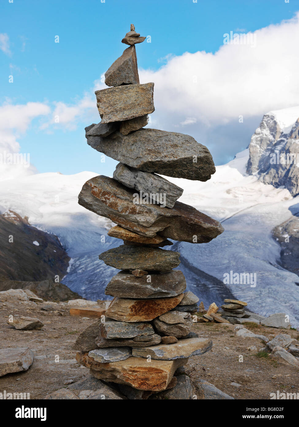 Switzerland, Valais, Zermatt, Gornergrat,a cairn of balanced rocks ...